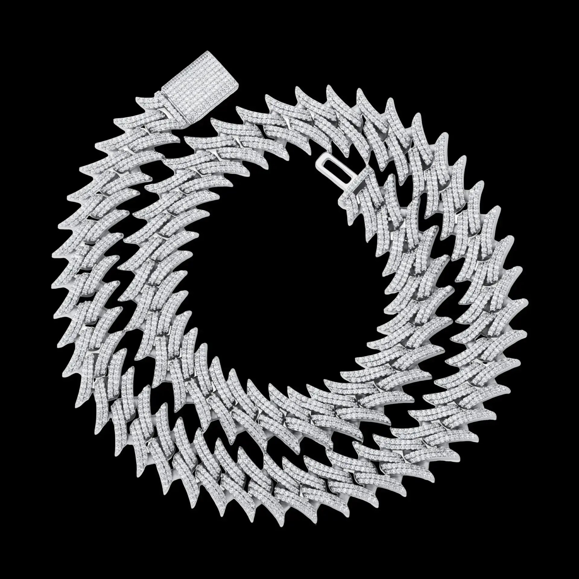 15mm Iced Out Miami Lock Spiked Cuban Chains or Bracelet in White Gold