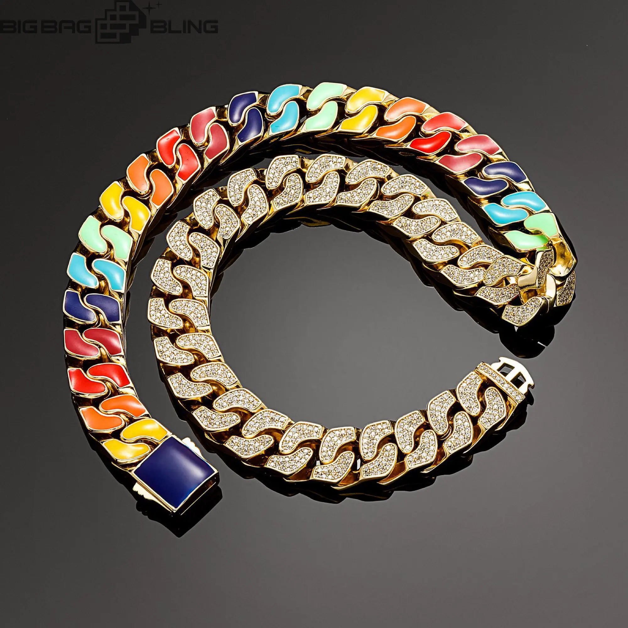14mm MultiColor Half Iced Cuban Chain | BigBagBling