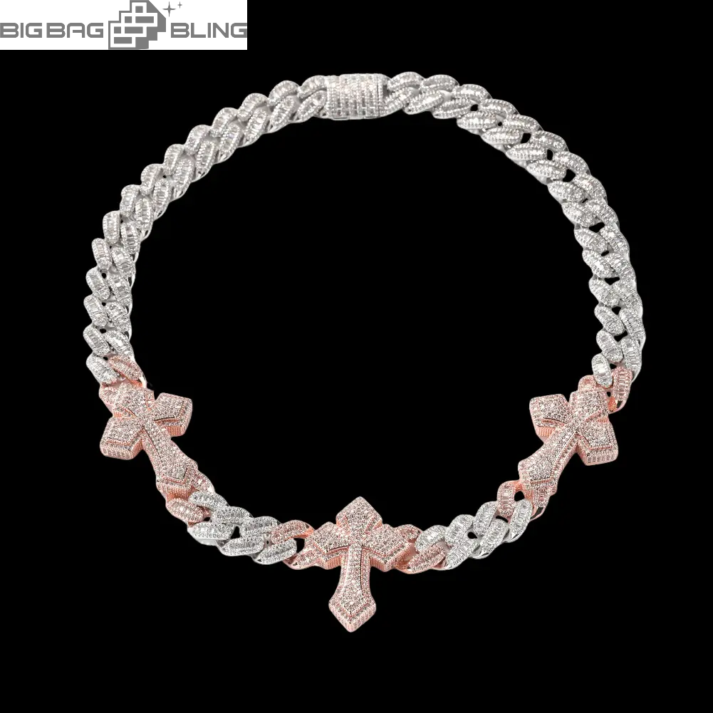 16mm Iced Out Three Cross Cuban Chain in White Gold | BigBagBling