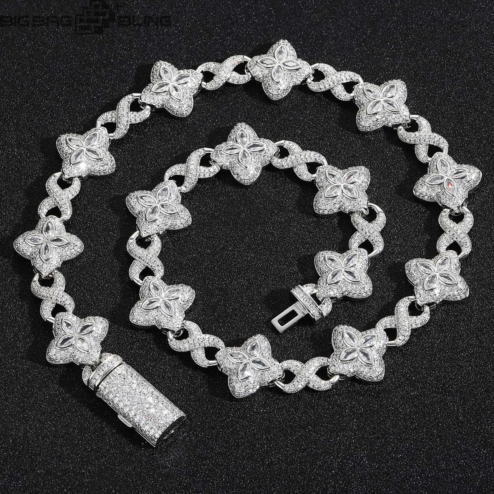 18mm Iced Out Four-leaf Clover Cuban Chains in White Gold - BigBagBling