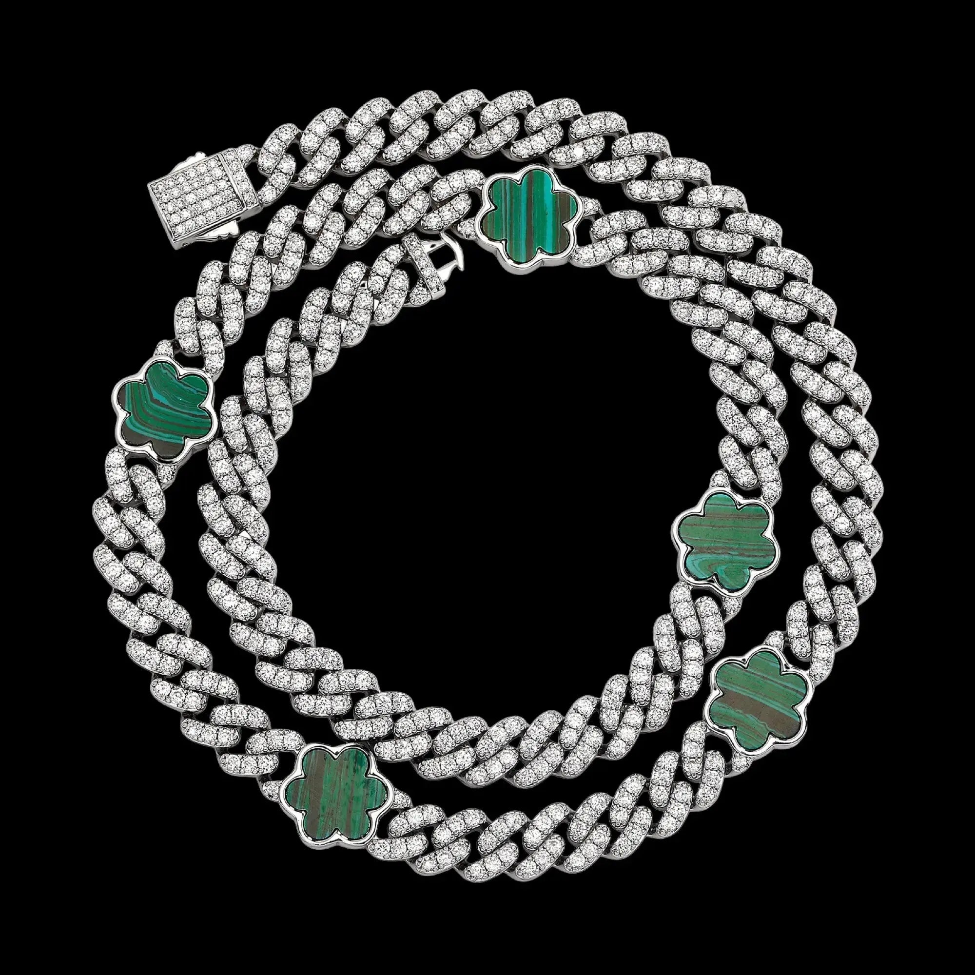 8mm Iced Green Six Leaf Clover Cuban Chain in White Gold