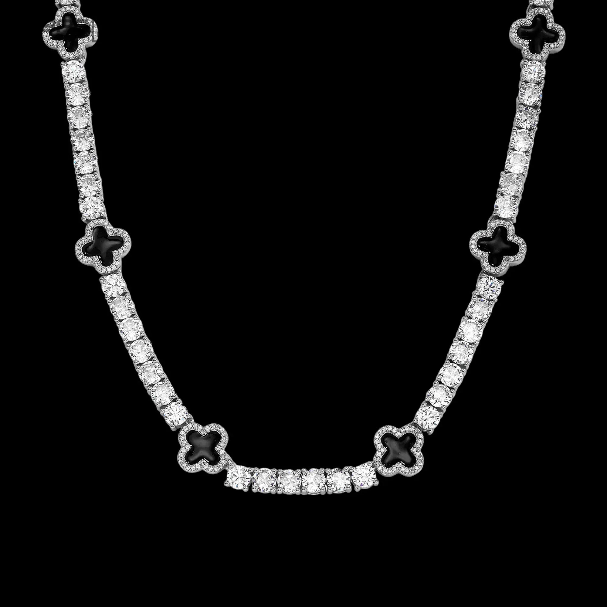 5mm Iced Black Four Leaf Clover Tennis Chain or Bracelet in White Gold