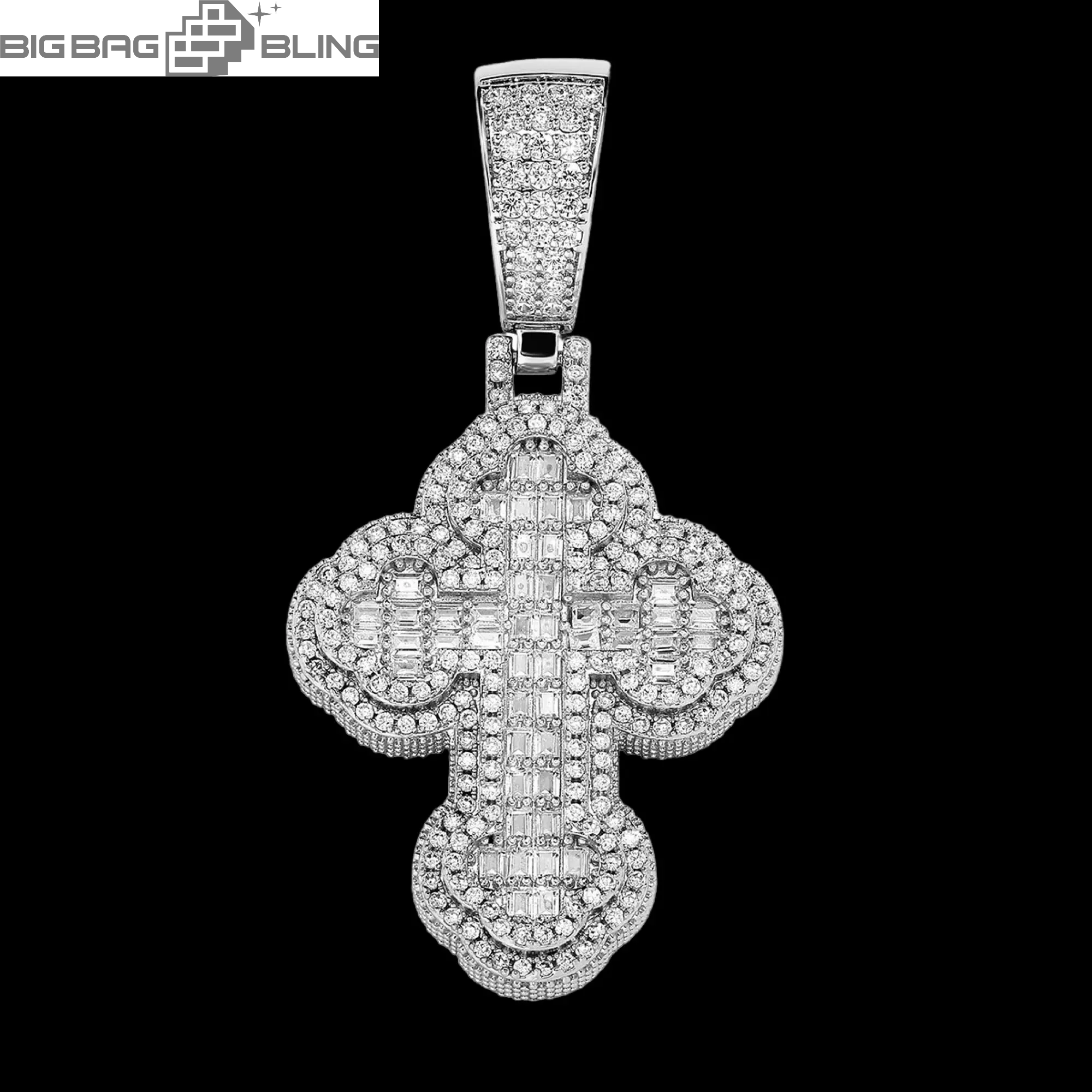 Iced Clustered Princess Cut Cross Pendant | BigBagBling