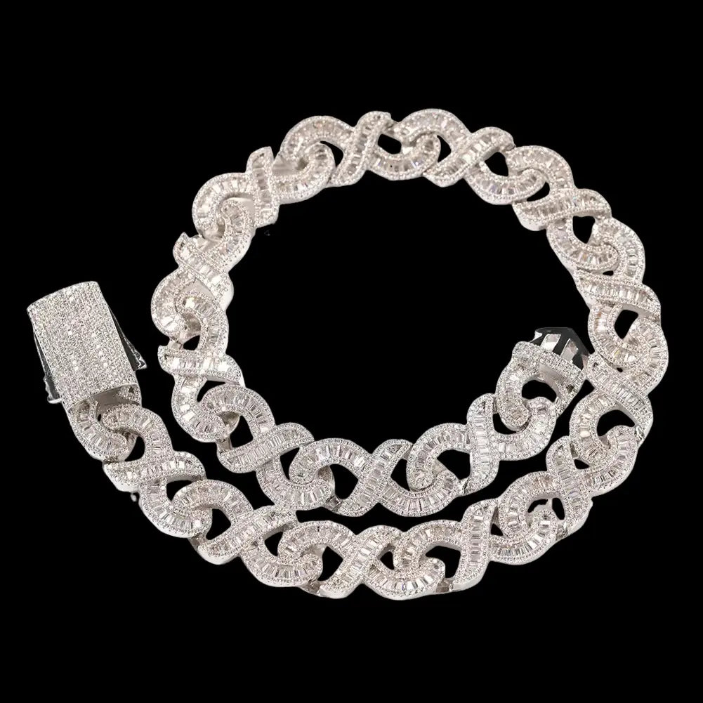 Iced Out 15mm Baguette Cut Infinity Link Chain in White Gold