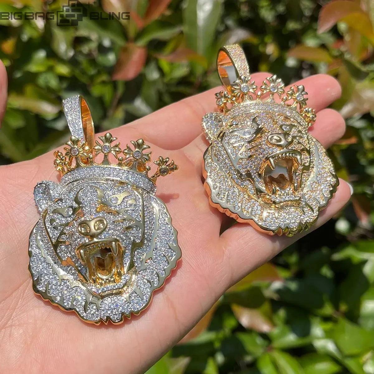 Iced Out Crown Lion's Head Pendant- BigBagBling