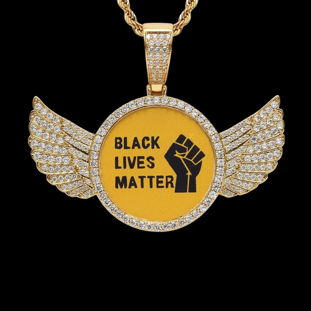 Iced Out Custom Round wings Picture Pendant- BigBagBling