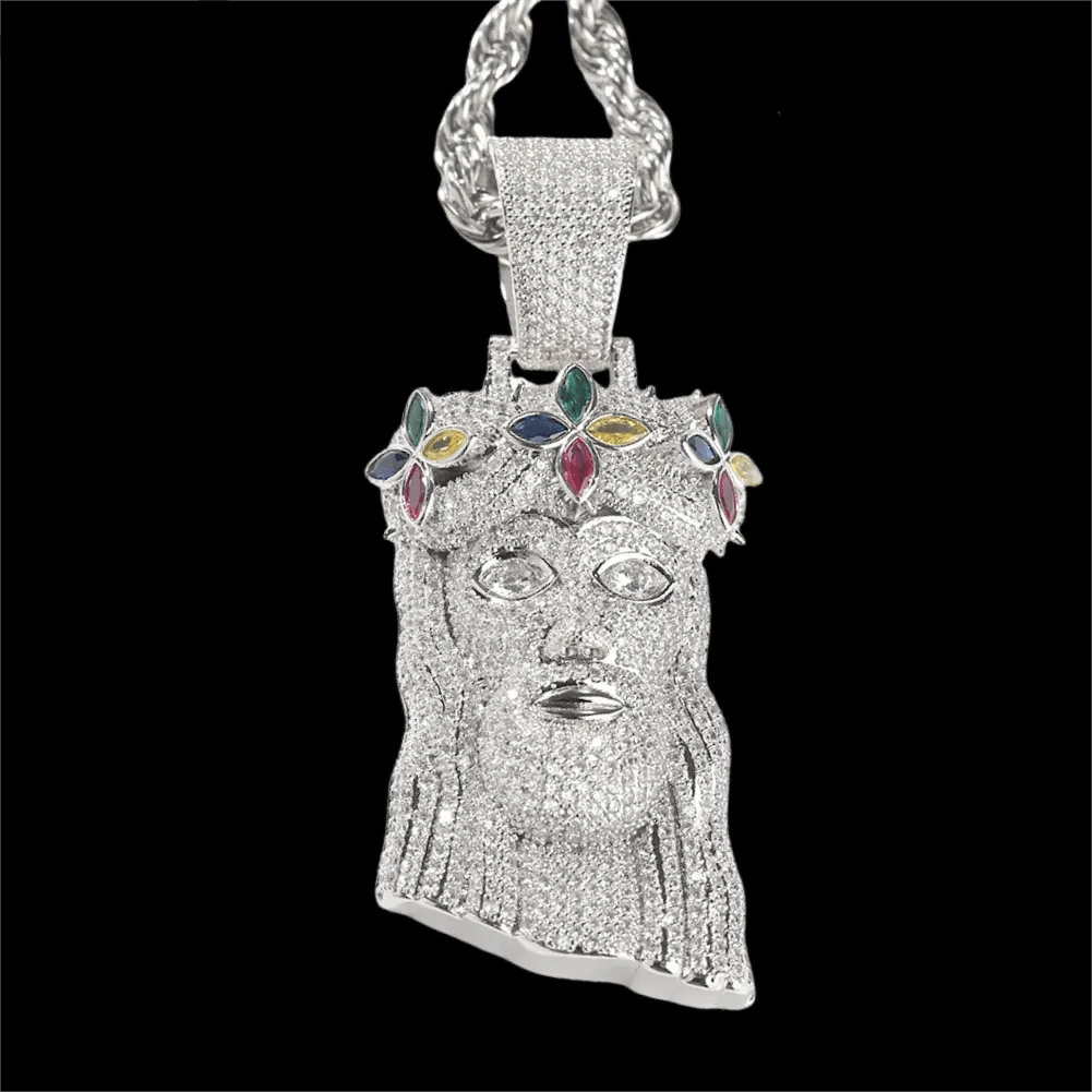 Iced Out Jesus Head With Four Leaf Clover Pendant | BigBagBling