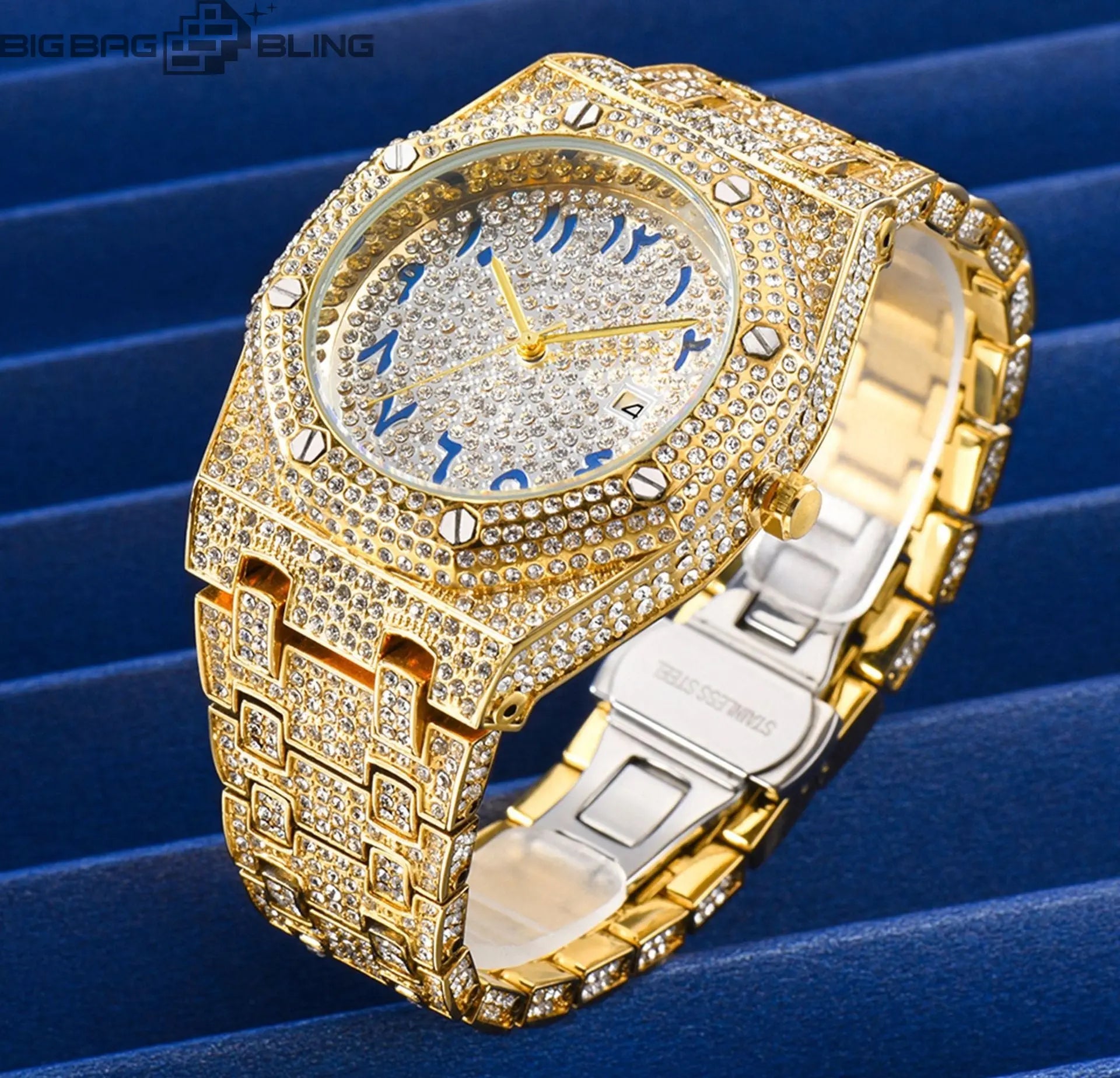 Iced Out Number Dial With Calendar Quartz Watch - BigBagBling