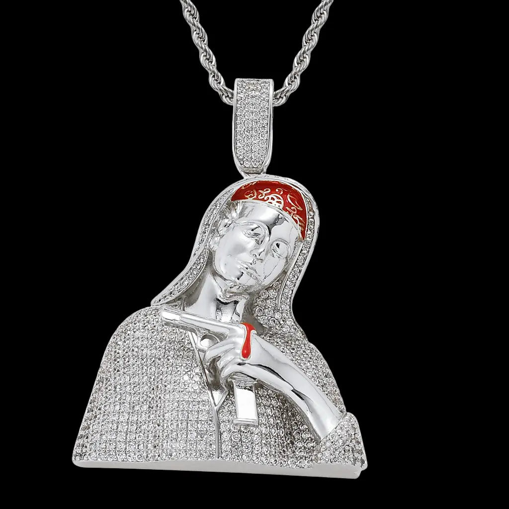 Iced Out Virgin Mary Gun Pendant - BigBagBling