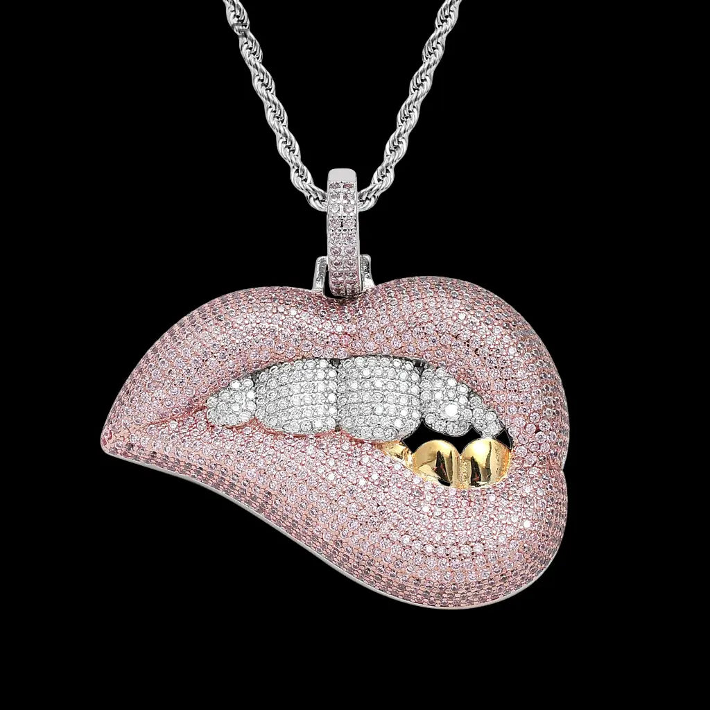 Iced out Pink Lips Pendant - BigBagBling