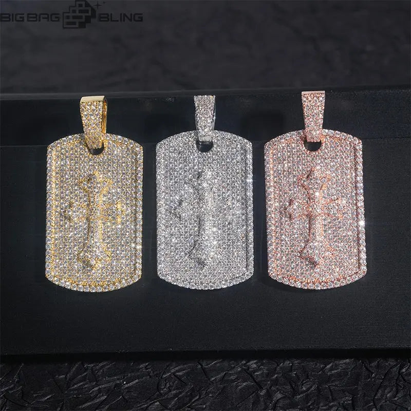 Iced out Rectangular tag cross Pendant - BigBagBling