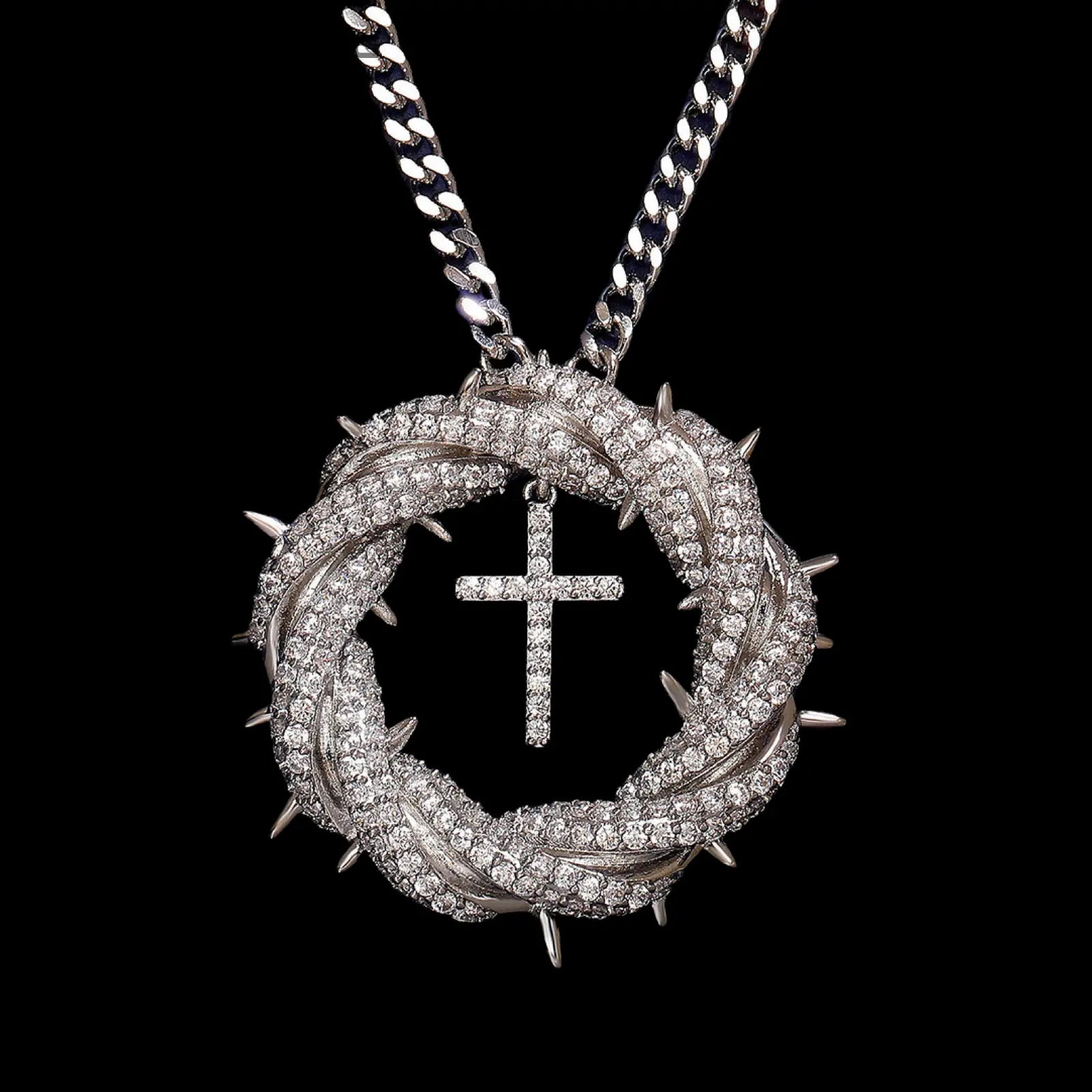 Micro Paved Crown Of Thorns with Cross Pendant | BigBagBling